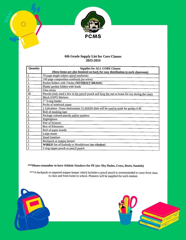 6th Grade Supply List | Perry County Middle School
